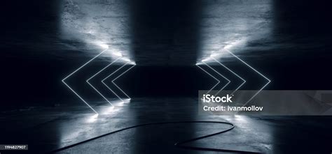 공상 과학 소설 네온 빛나는 빛 파란색 모양의 라인 케이블 플러그 바닥 레이저 스튜디오 무대 쇼 밤 복고풍 미래 지향적 인 현대 배경 빈 콘크리트 그런지 가상 어두운 3d