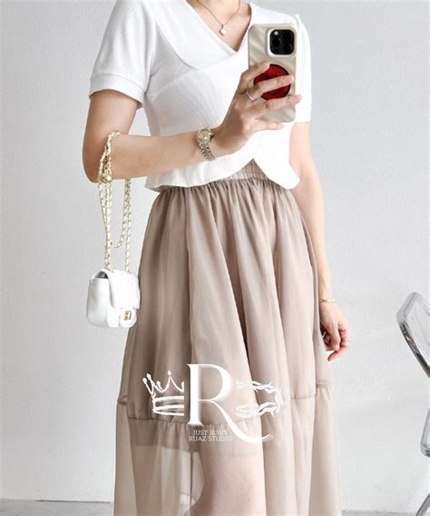 루아즈 오늘출발 브이넥 크롭 반팔 블라우스 쉬폰 밴딩 롱스커트 투피스 치마 여름 셋업 코디세트 2col 화이트 블랙