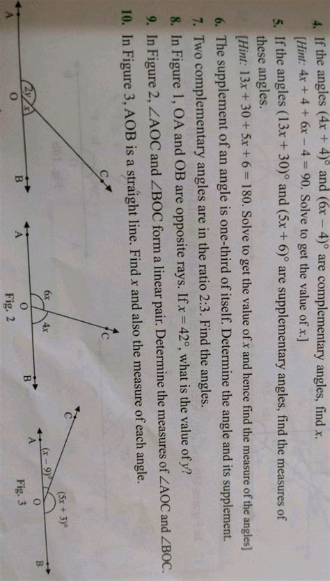 4 If The Angles 4x 4 ∘ And 6x−4 ∘ Are Complementary Angles Find X [h