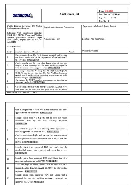 Nuclear Welding Audit Checklist Pdf Welding Construction