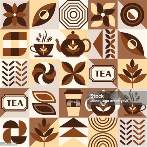 홍차에 대한 아이콘이 있는 패턴 단순한 기하학적 스타일의 디자인 요소 추상적 인 모양으로 완벽 한 배경입니다 브랜딩 식품 패키지 장식 커버 디자인 섬유 주방 인쇄 0명에