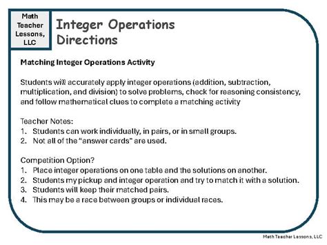 Integer Operations Basic Matching Activity By Nello Thomas Tpt