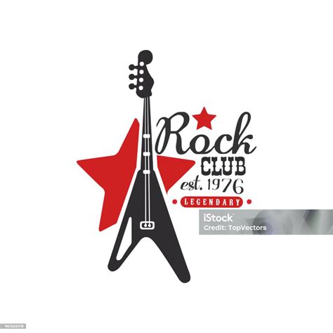 락 클럽 전설적인 표준시 1976 년 일렉트릭 기타 디자인 요소 포스터 배너 전단지 인쇄에 사용할 수 있습니다 또는 흰색 배경에 벡터 일러스트 스탬프 0명에 대한 스톡 벡터