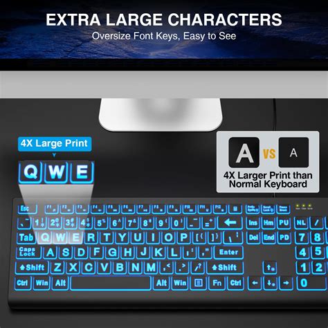 Sablute Large Print Backlit Keyboard Wired Usb Lighted Computer Keyboards With 7 Color And 4