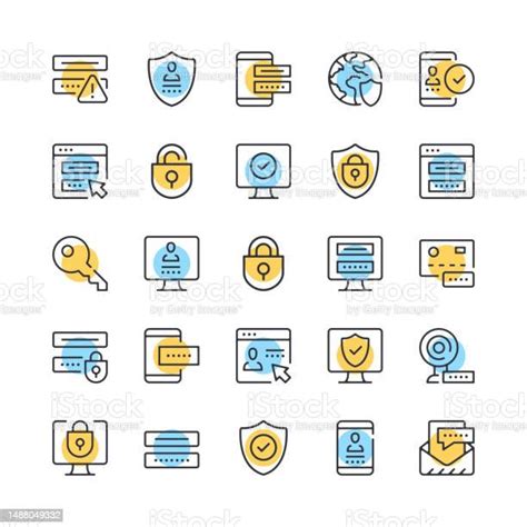 암호 줄 아이콘입니다 데이터 보호 아이콘 집합입니다 검정 파랑 및 노랑 색상 현대적인 선형 윤곽선 그래픽 디자인 벡터 선 아이콘 세트 개체 그룹에 대한 스톡 벡터 아트 및