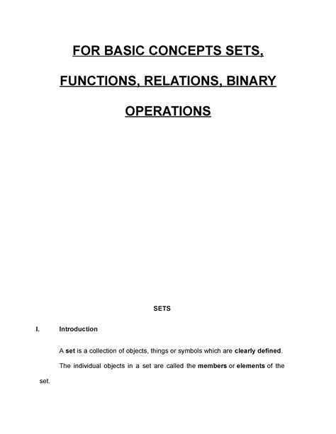 FOR Basic Concepts SETS FOR BASIC CONCEPTS SETS FUNCTIONS RELATIONS BINARY OPERATIONS SETS