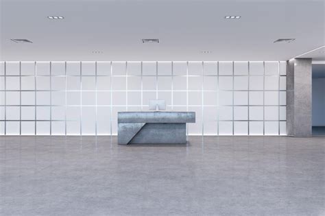 추상 콘크리트 리셉션 데스크 사무실 또는 호텔 로비 개념 3d 렌더링을 갖춘 현대적인 인테리어 프리미엄 사진