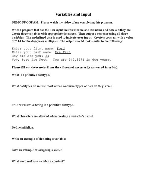 Basic Variable Programs Variables And Input Demo Program Please Watch The Video Of Me