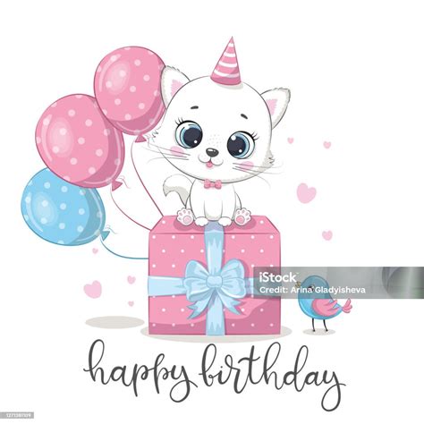 새끼 고양이와 생일 맞이 인사말 카드 파티 초대 패션 의류 티셔츠 프린트벡터 일러스트레이션 생일에 대한 스톡 벡터 아트 및 기타