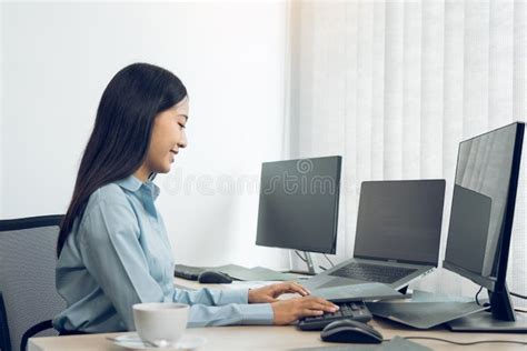 Asian Young Female Programmer Working Developer Programing On A