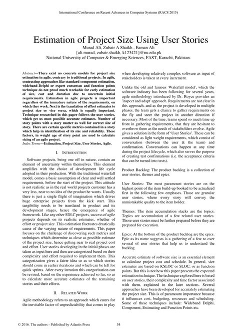 PDF Estimation Of Project Size Using User Stories