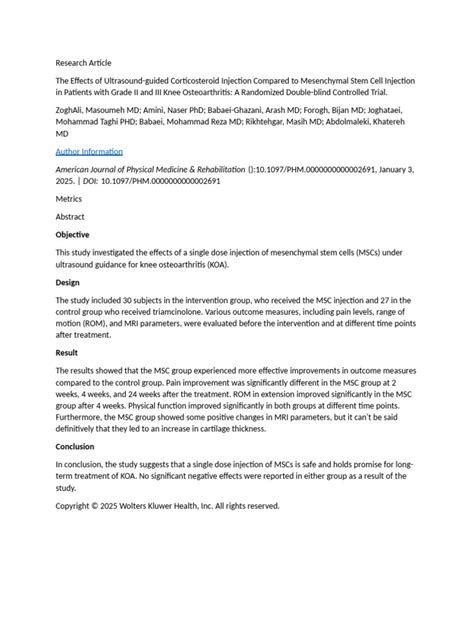 The Effects Of Ultrasound Guided Corticosteroid Injection Compared To Mesenchymal Stem Cell