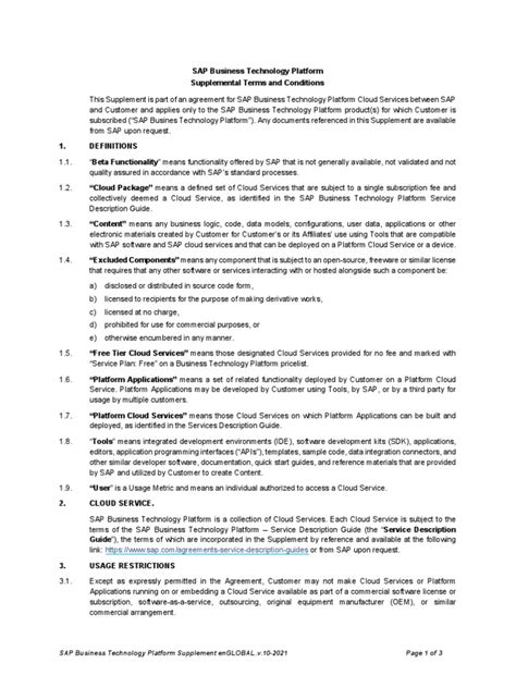 Sap Business Technology Platform Supplement English V10 2021 Pdf