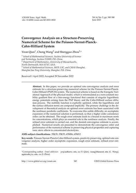 Global Science Press Convergence Analysis On A Structure Preserving Numerical Scheme For The