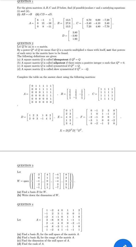 Solved QUESTION For The Given Matrices A B C And D Chegg