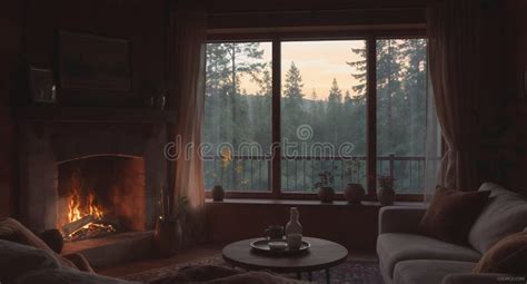 Cozy Cabin Interior With Fireplace Glow And Forest View At Sunset Warm