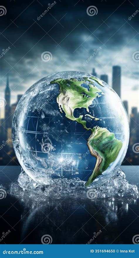 Illustration Of Climate Change Globe Partially Submerged Melting Ice Caps Rising Temperatures