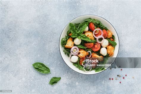 판자넬라 이탈리안 브레드 샐러드 토마토 모짜렐라 공 바질 양파 빵을 밝은 회색 배경에 곁들인 이탈리아의 전통 음식 전통 이탈리아 요리 맨 위 보기입니다 공간을 복사합니다 0