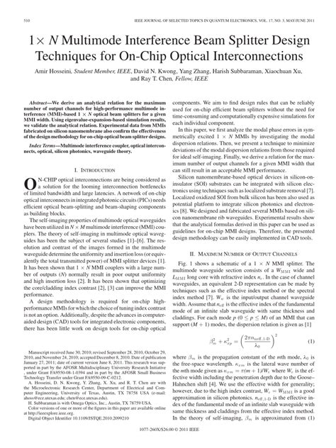 Pdf 1× N Multimode Interference Beam Splitter Design Techniques For On Chip Optical