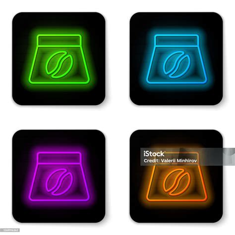 흰색 배경에 고립 된 커피 콩 아이콘의 빛나는 네온 라인 가방 검은 색 사각형 버튼 벡터 0명에 대한 스톡 벡터 아트 및 기타 이미지 Istock