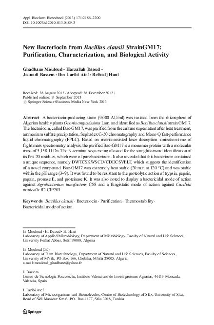 Pdf New Bacteriocin From Bacillus Clausii Straingm17 Purification Characterization And