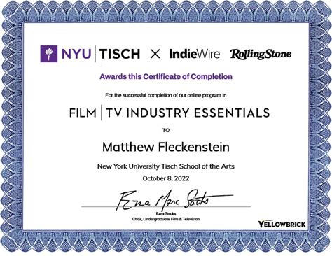 Nyu Film And Tv Industry Essentials Certificate Matthew Fleckenstein