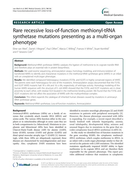 Pdf Rare Recessive Loss Of Function Methionyl Trna Synthetase