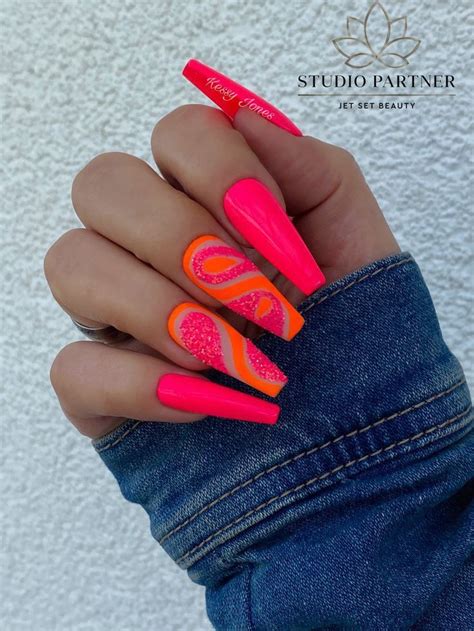 Pink Summer Nails Neon Nails Pink Glitter Nails Neon Coral Nails