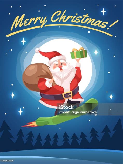 산타 포스터 만화 귀여운 산타는 선물 비행 스케이트 보드 재미있는 크리스마스 캐릭터 야간 겨울 숲 배경 익스트림 스포츠 메리 크리스마스 텍스트 인사말 카드 깔끔한 벡터
