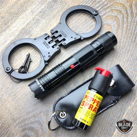 3 Pc Black Military Steel Handcuffs W 2 Keys Pepper Spray Stun Gun