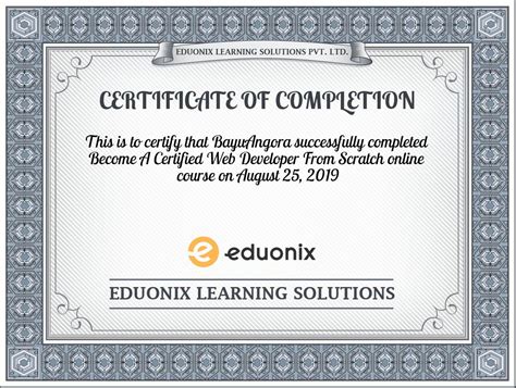 Completion Certificate For Become A Certified Web Developer From Scratch