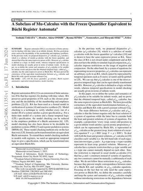 Pdf A Subclass Of Mu Calculus With The Freeze Quantifier Equivalent To Buchi Register Automata