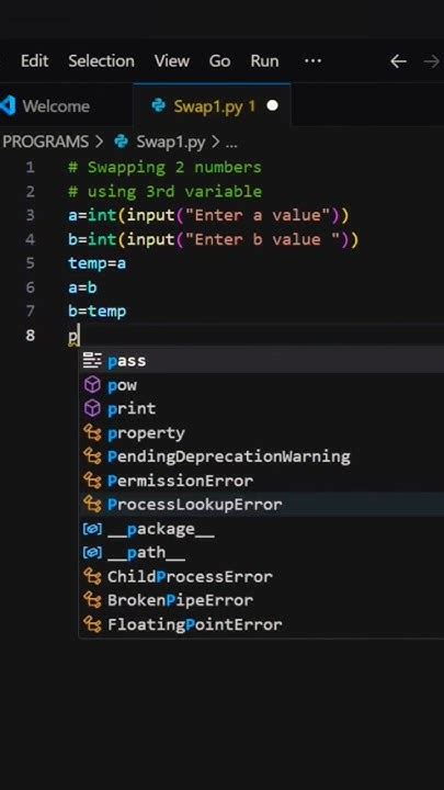 Swapping Of 2 Numbers Using 3rd Variablepythonprogrammingcodingpythonprogrammingytshorts