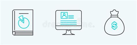 Set Line Money Bag User Manual And Computer Monitor With Resume Icon Vector Stock Illustration