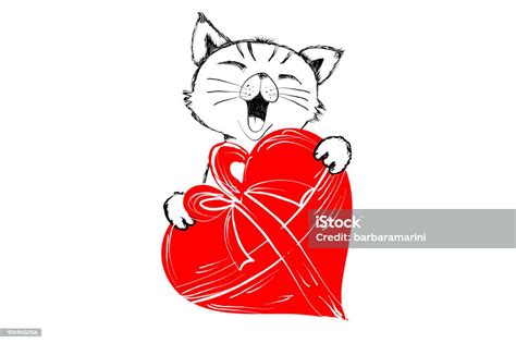 선물 손 해피 발렌타인 데이 인사말벡터 일러스트 레이 션 흰색 배경에 고립에 대 한 흑인과 백인에 대 한 붉은 마음으로 귀여운 고양이 검은색에 대한 스톡 벡터 아트 및 기타