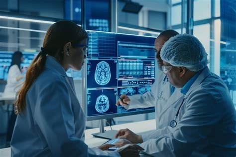 Premium Photo | Two Neuroscientists Working With ComputerPowered VFX Hologram Of Human Brain And ...