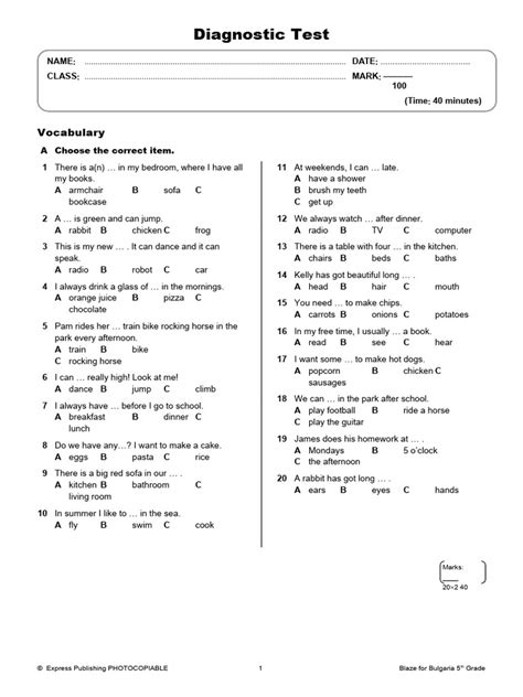 Diagnostic Test 5th Grade Pdf Cuisine Cooking