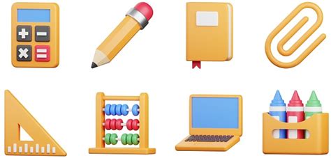 3d 학용품 세트 주판 종이 클립 노트북 흑연 연필 계산기 세트 사각 크레용 교육 연구 문구 학교 항목 Ux Ui 웹 디자인 요소 3d 렌더링 그림 Stem 주제에 대한