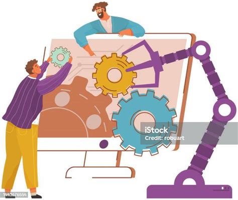 비즈니스 자동화 스타트업 개발을 위한 최신 기술 장비로 작업하는 사람들 Performing Arts Event에 대한 스톡 벡터 아트 및 기타 이미지 Performing