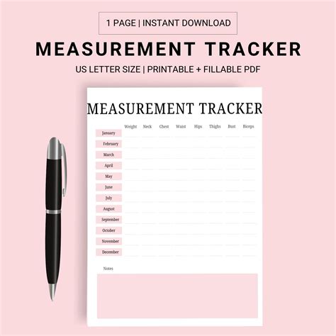 Printable Measurement Tracker Fillable Body Measurement Log Fitness