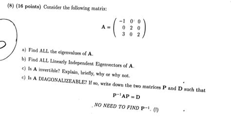 Solved (8) (16 points) Consider the following matrix: | Chegg.com