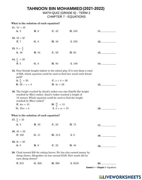 Math Worksheet Chapter 7 Equations Worksheet Worksheets Library