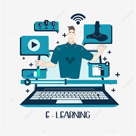 온라인으로 E 코스를 홍보하는 남자의 E 러닝 그림 학교 일러스트 전자 학습 배우기 과학 기술 Png 일러스트 및 벡터