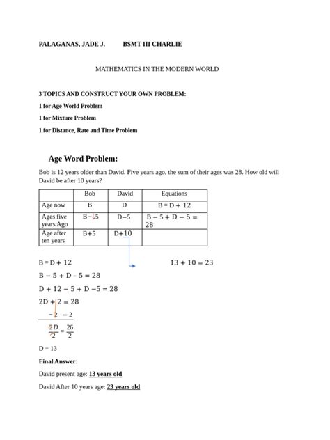Solving Age Word Problem Mixture Problem And Distance Rate And Time Problem Pdf Textiles