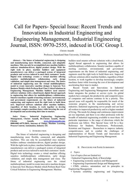 Call For Papers Special Issue Recent Trends And Innovations In