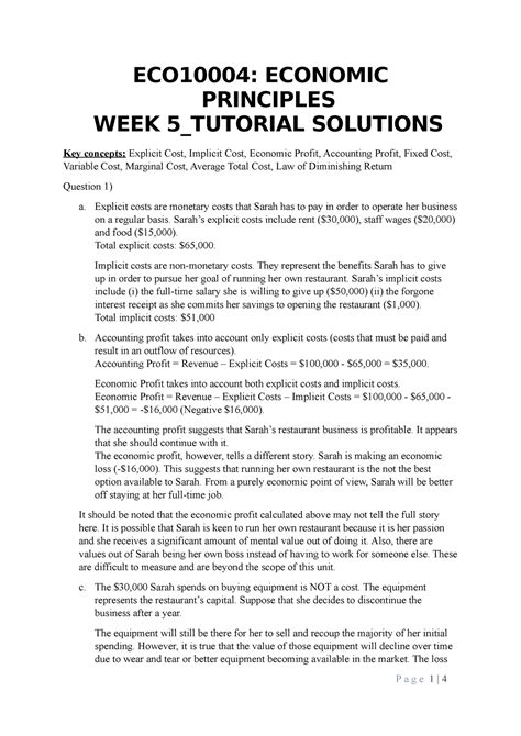Week 5 Tutorial Solutions Eco10004 Economic Principles Week 5tutorial Solutions Key Concepts