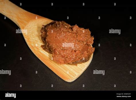Doenjang Traditional Fermented Korean Soybean Paste On A Bamboo Spoon Food Photography With