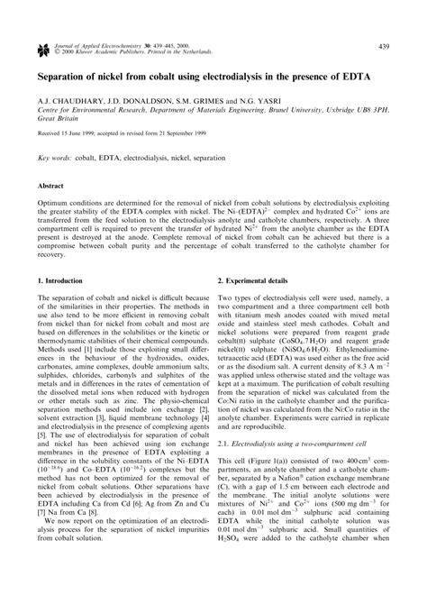 Pdf Separation Of Nickel From Cobalt Using Electrodialysis In The Presence Of Edta