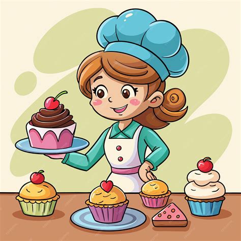Adorable Girl Baking Cupcakes Cartoon Vector Premium Ai Generated Vector