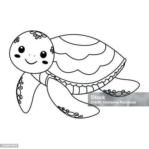 화창한 날 낙서 스타일로 웃는 얼굴과 장난기 넘치는 디자인으로 바다에서 수영하는 귀여운 만화 거북이 0명에 대한 스톡 벡터 아트